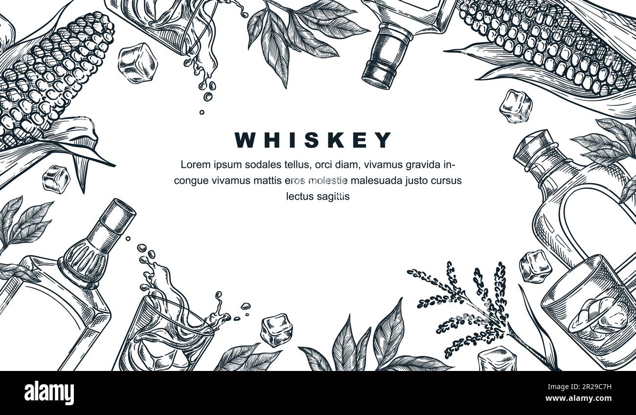 Whiskey tasting banner, poster or party flyer. Vector sketch frame ...