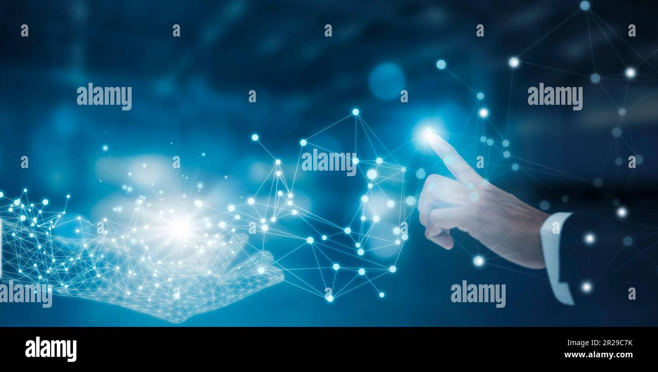 Businessman hand touch line virtual connect with Hand graphic ...