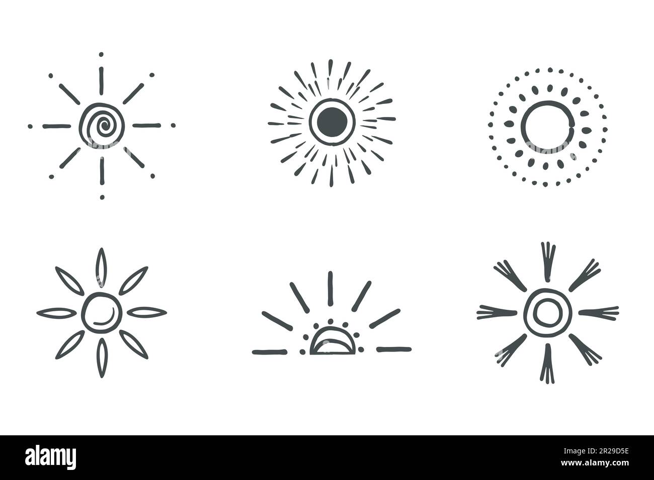 Sun symbol pictogram, hand drawn icon set, doodle black ink stroke ...