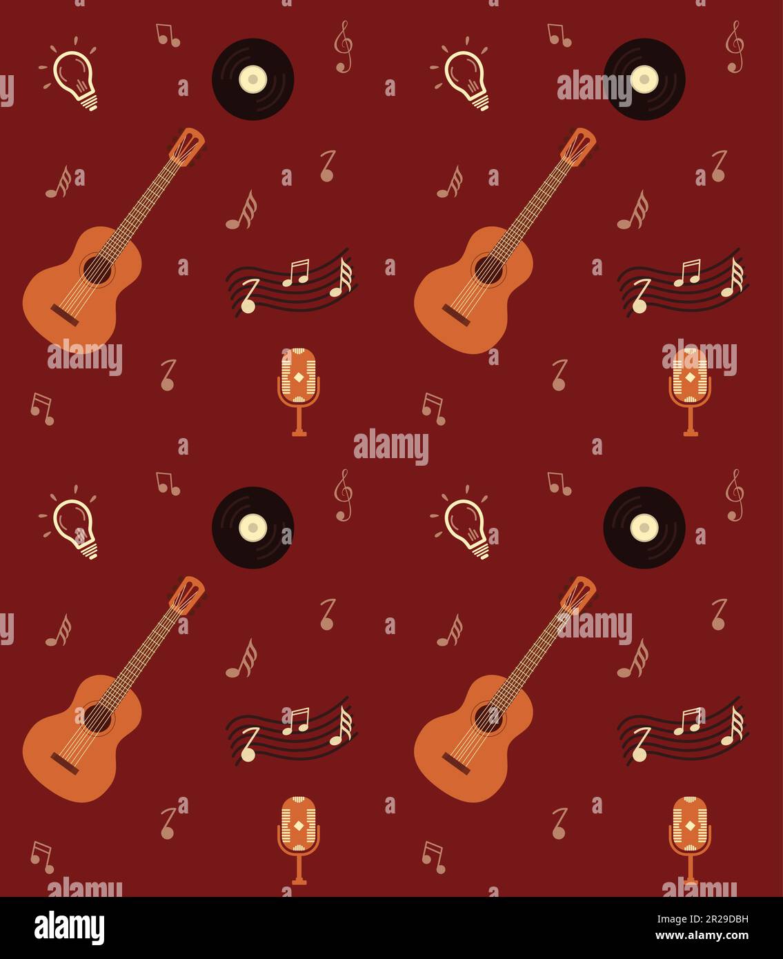 Seamless music pattern, guitar notes, vinyl record, retro style, red ...