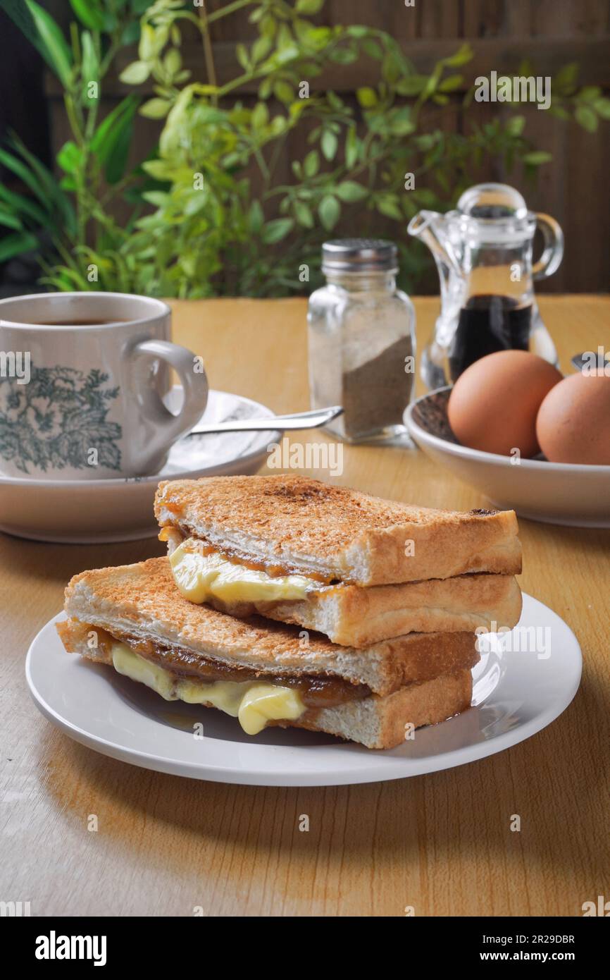 Kaya toast butter. Traditional oriental and vintage kopitiam breakfast ...