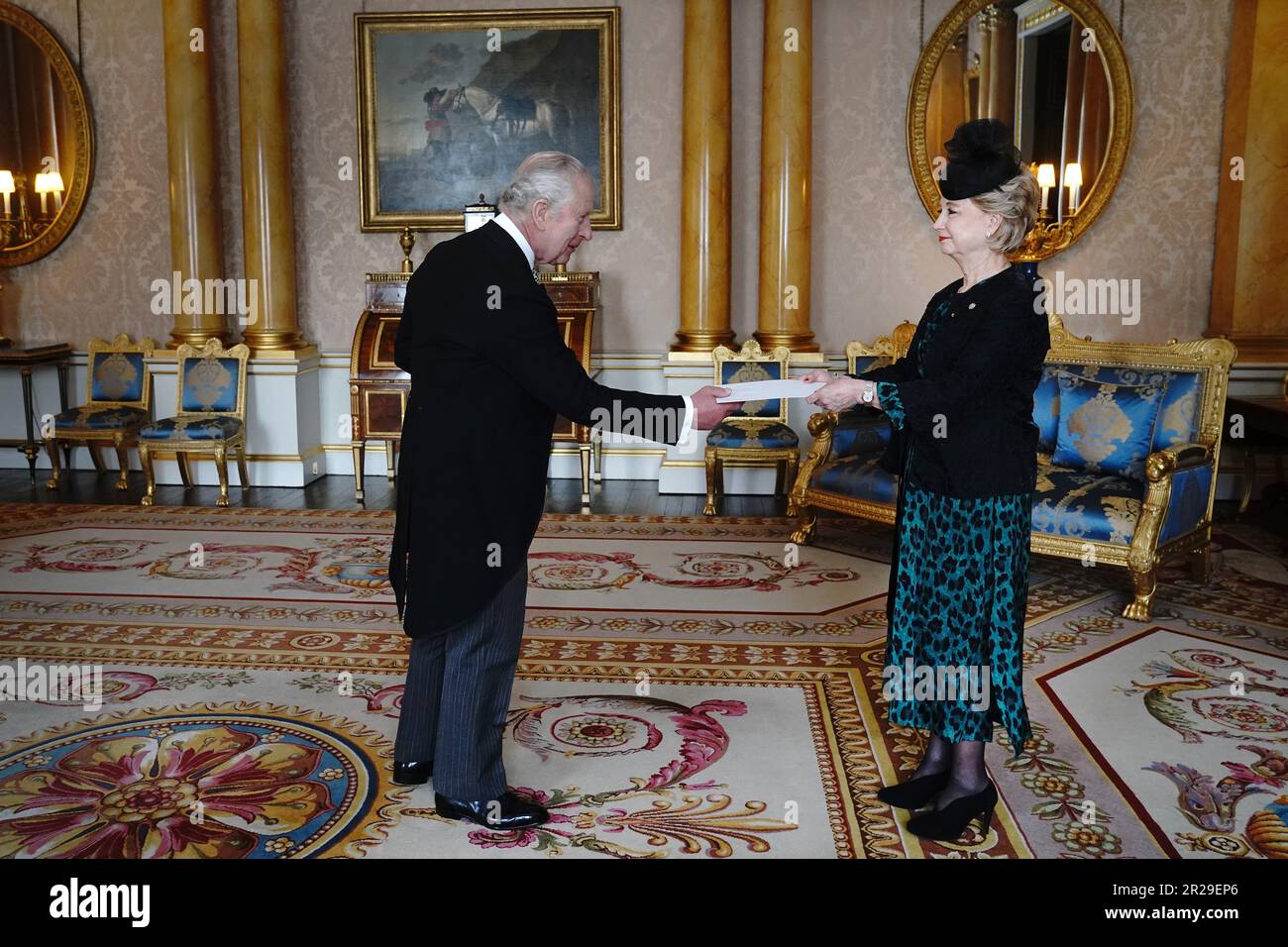 King Charles III receives the Ambassador of El Salvador Carmen Maria Gallardo Hernandez as she ...