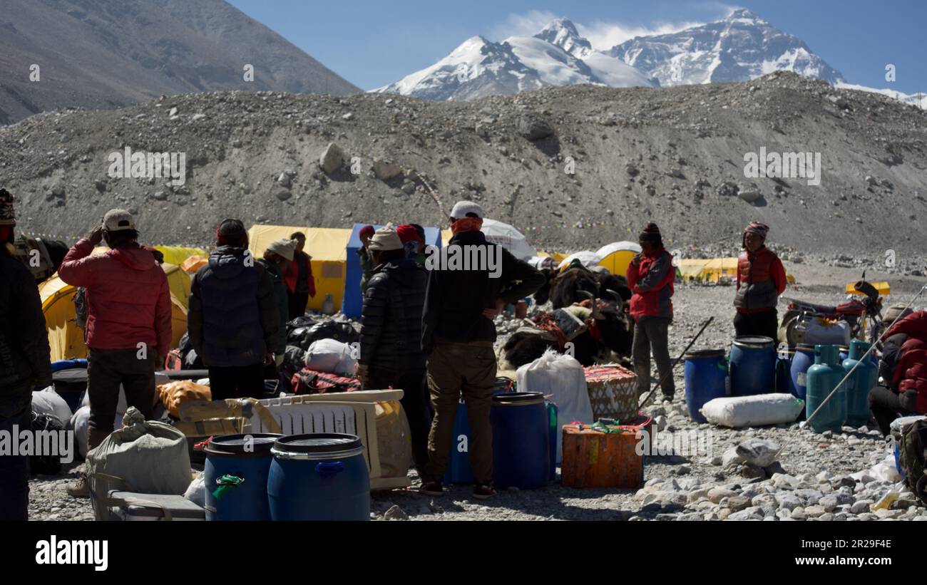 Logistics team dividing cargo to haul to higher camps on Everest North ...