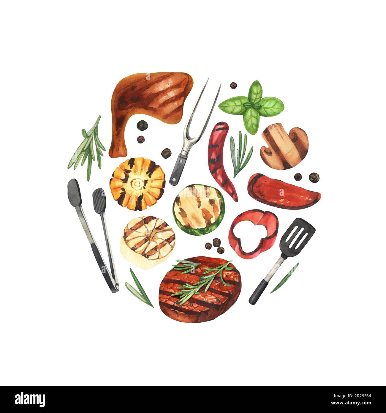 Watercolor round frame barbecue. Elements for cooking bbq - grill ...