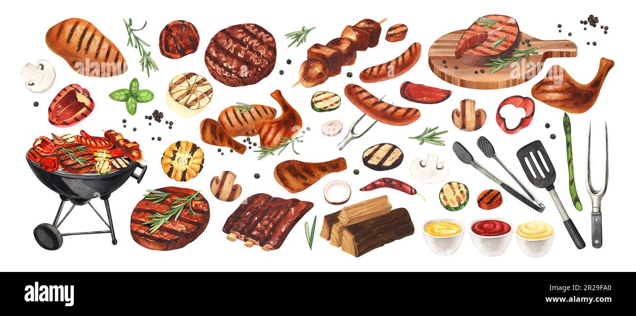 Watercolor barbecue elements set. Collection of equipment for cooking ...