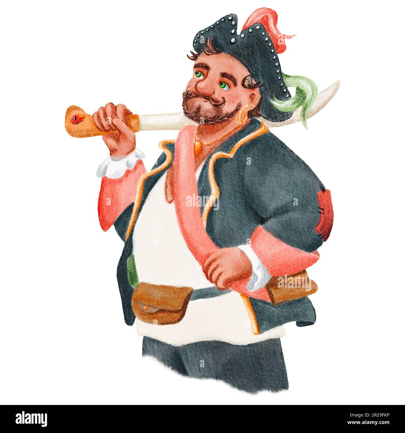 Cartoon pensive pirate character with a smile. Watercolor funny cute ...
