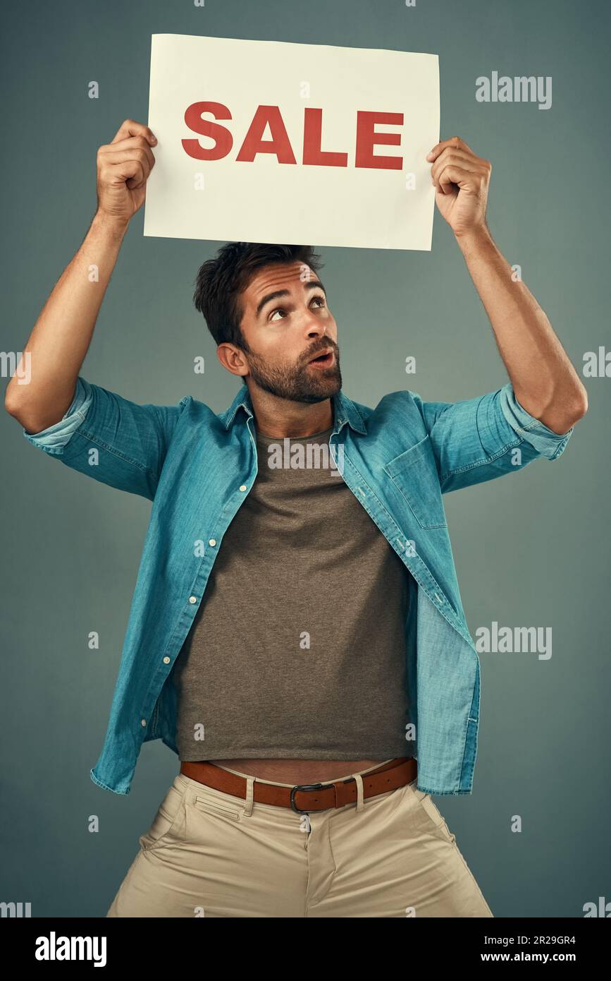 Man, hands and sale on poster for advertising, marketing or branding ...