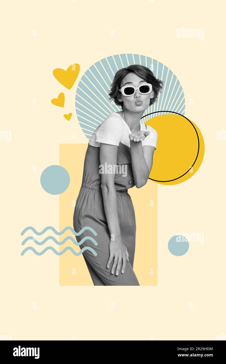 Creative placard collage of young cheeky lady send hand air kiss ...