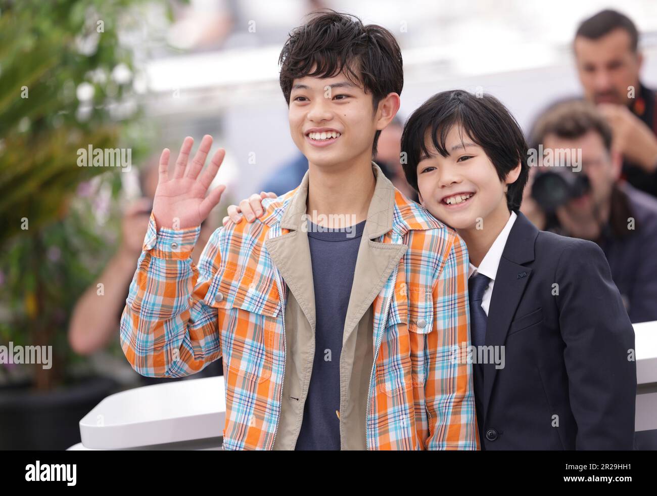 Soya Kurokawa, left, and Hinata Hiiragi pose for photographers at the photo call for the film ...