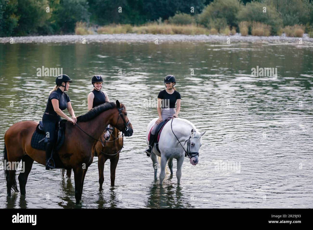 Three young women enjoying equestrian leisure, nature, and river ...