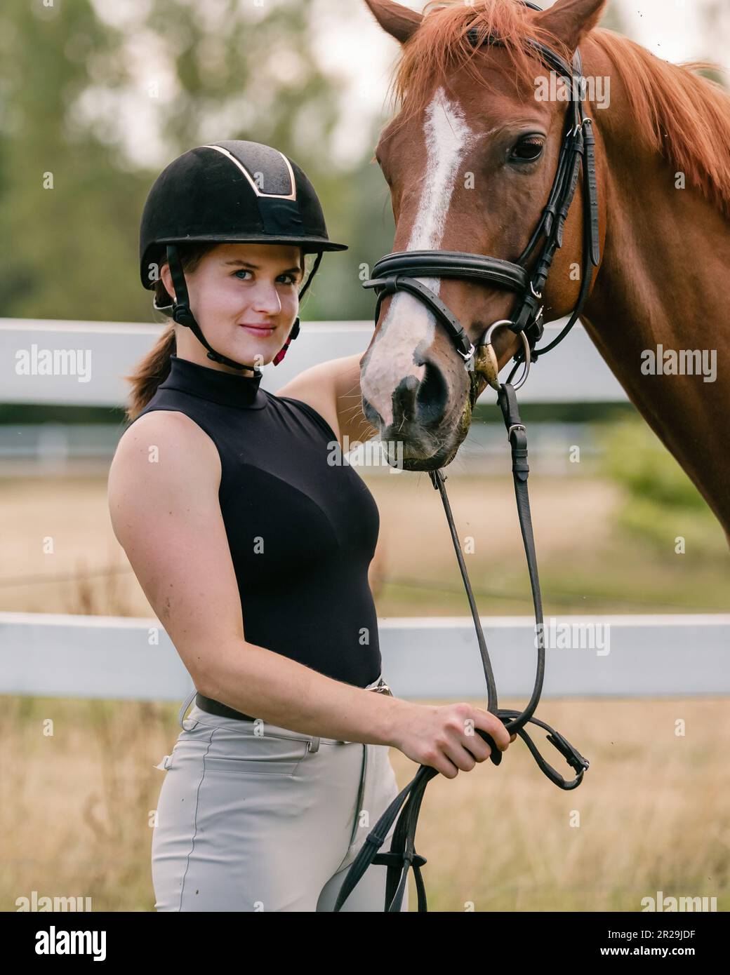 Woman with a black helmet stroking a beautiful chestnut horse head ...