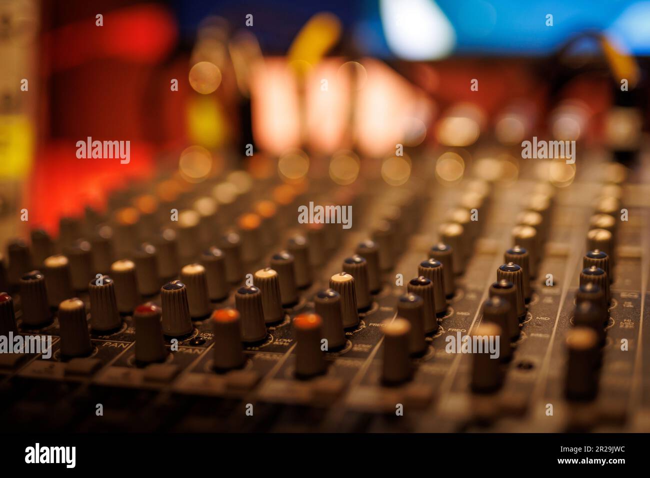 Sound equipment at a music studio. Sliders on a sound mixer Stock Photo ...