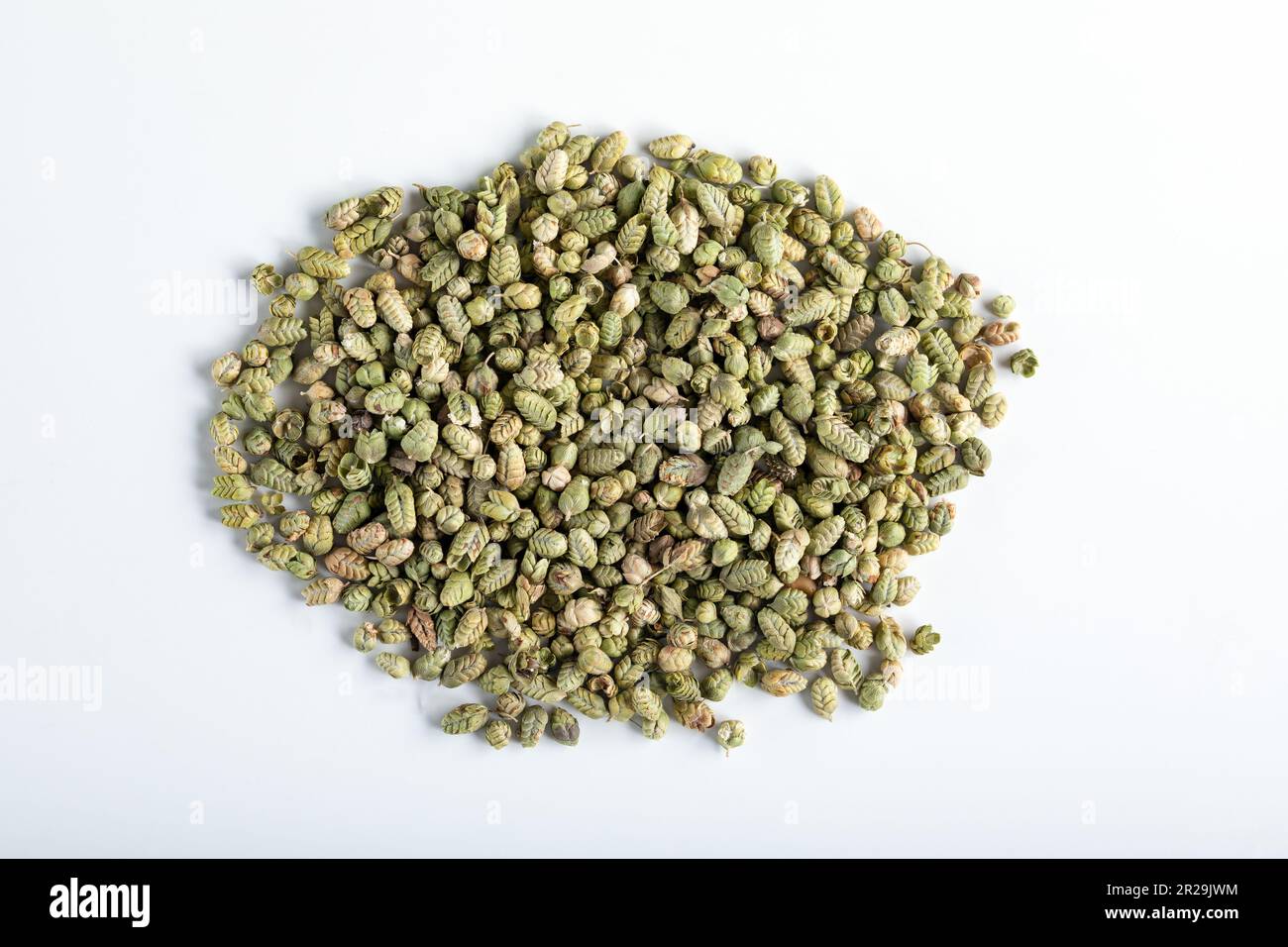 Natural thyme spice (Thymus vulgaris) on white background. Top view ...