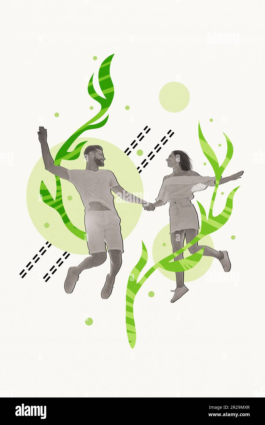 Vertical travel company collage advertisement jumping couple hands ...