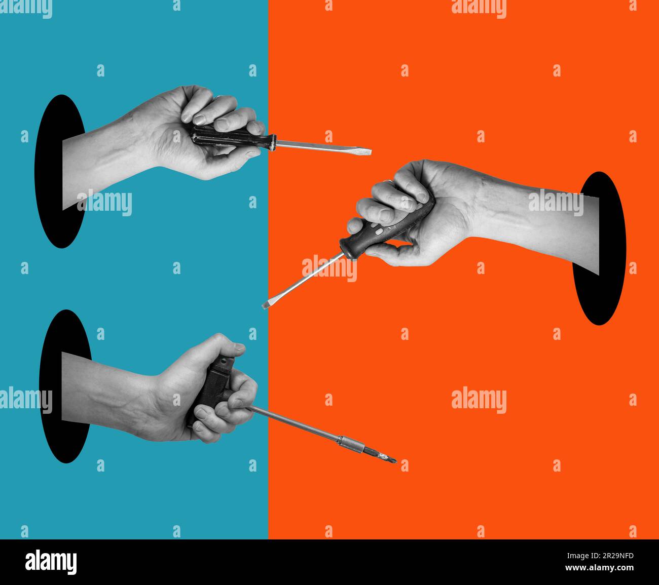 Art collage of hands with tools on a surreal background. Concept of ...