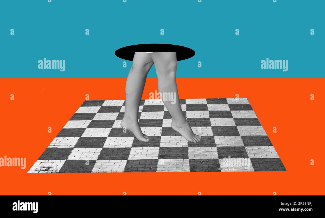 Art collage, Women's feet on a chessboard. Modern collage with ...