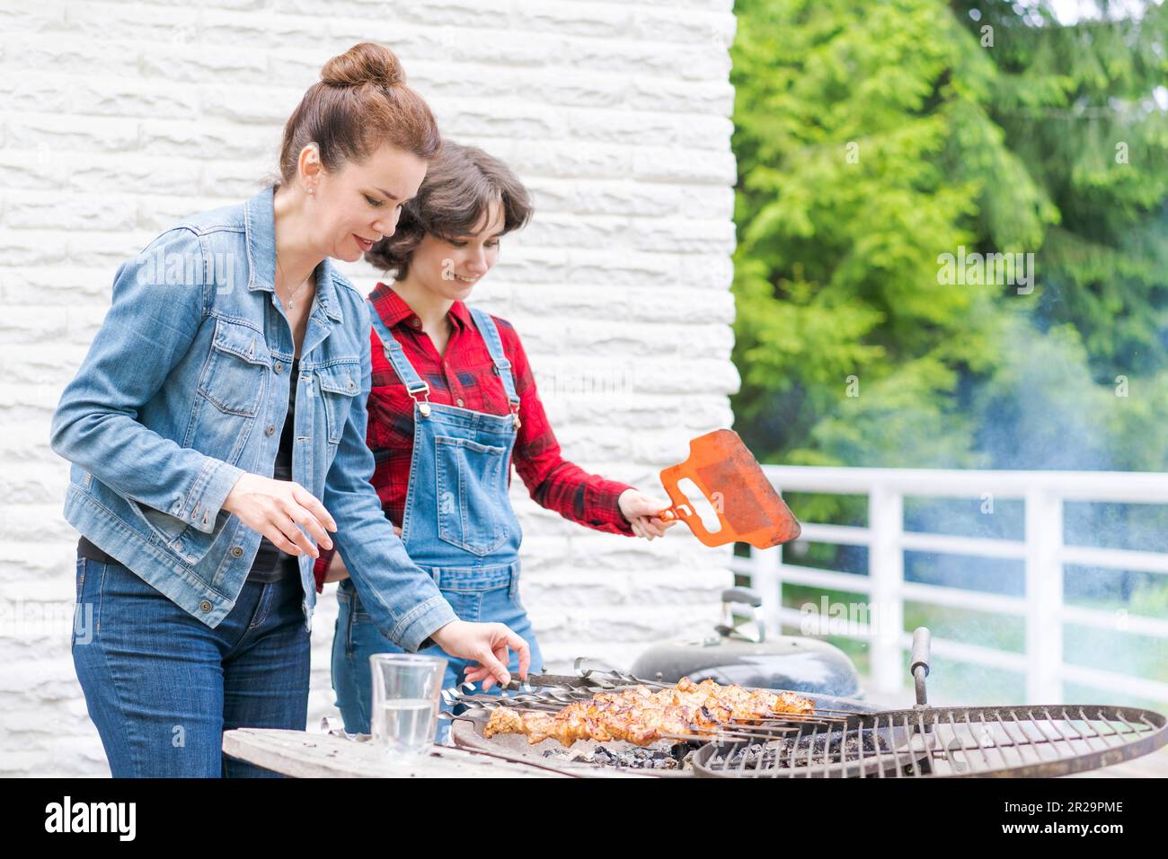 Barbeque party in garden with mom and her daughter at the grill in a ...