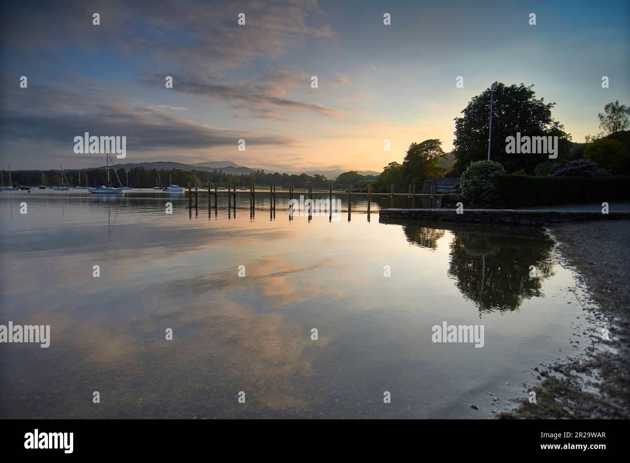Lake Windermere at Ambleside waterhead at sunset, The Lake District ...