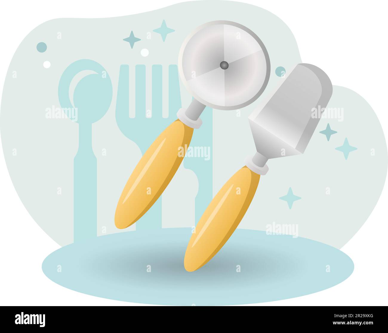 Tableware illustration. Kitchen spatula, pizza knife, handle, steel ...