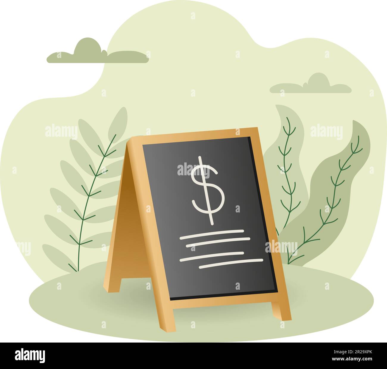 Menu illustration. Signboard, dollar, text, stand. Editable vector ...