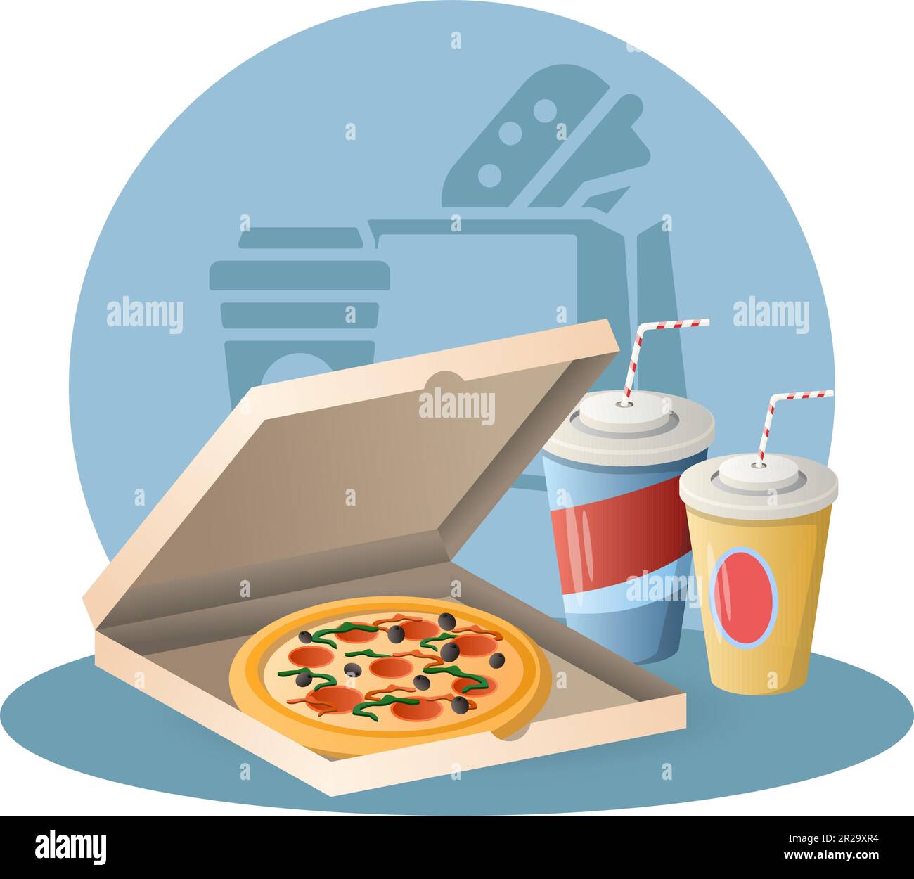 Pizza illustration. Box, straw, cup, cardboard. Editable vector graphic ...