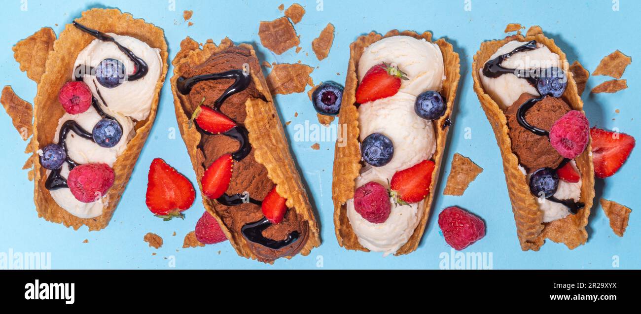 Various sweet taco ice creams. Waffle taco shells with chocolate and ...
