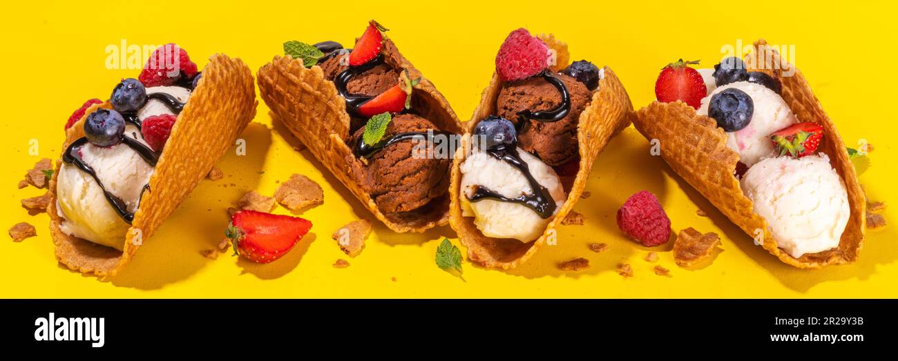 Various sweet taco ice creams. Waffle taco shells with chocolate and ...
