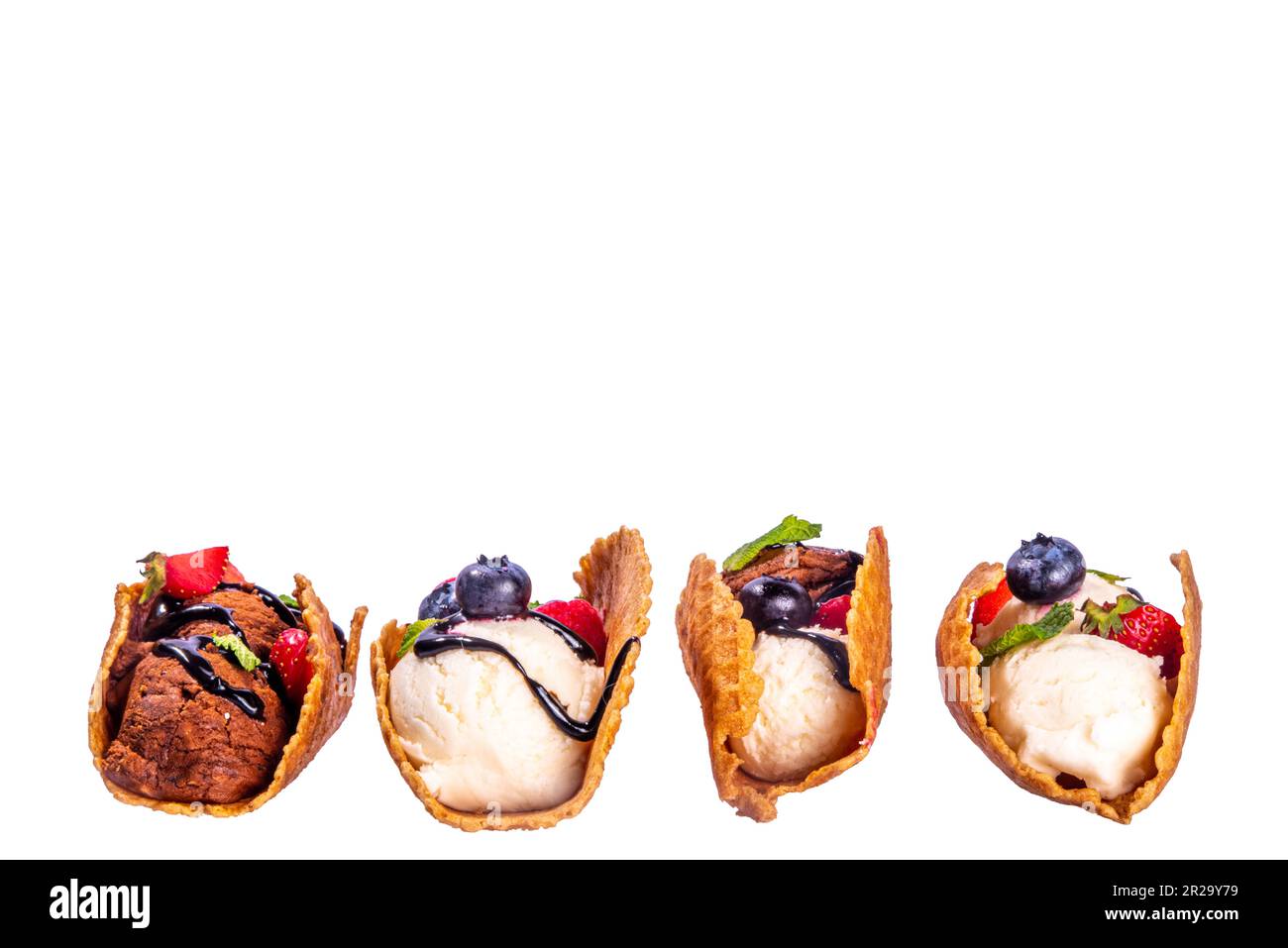 Various sweet taco ice creams. Waffle taco shells with chocolate and ...
