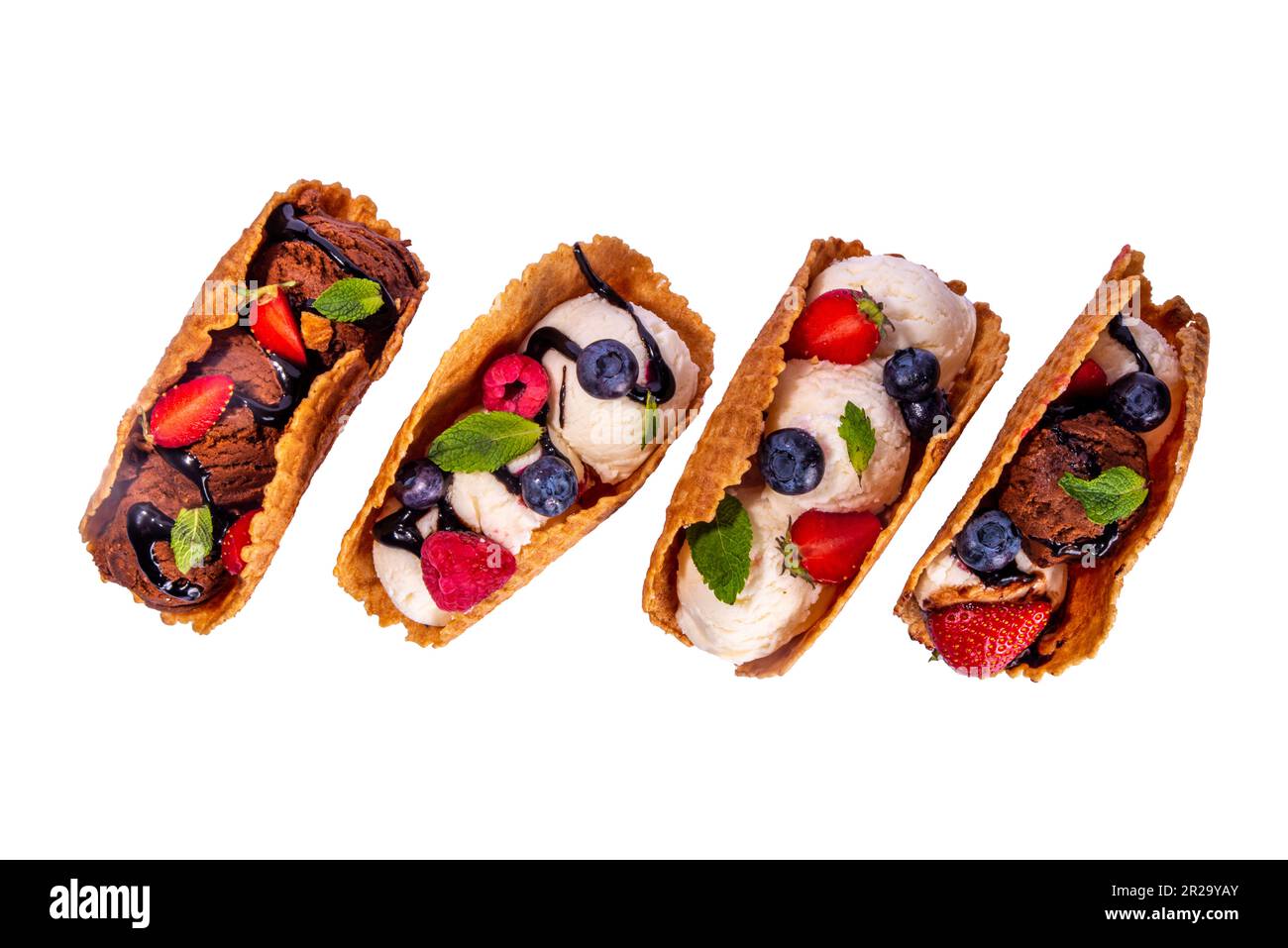 Various sweet taco ice creams. Waffle taco shells with chocolate and ...