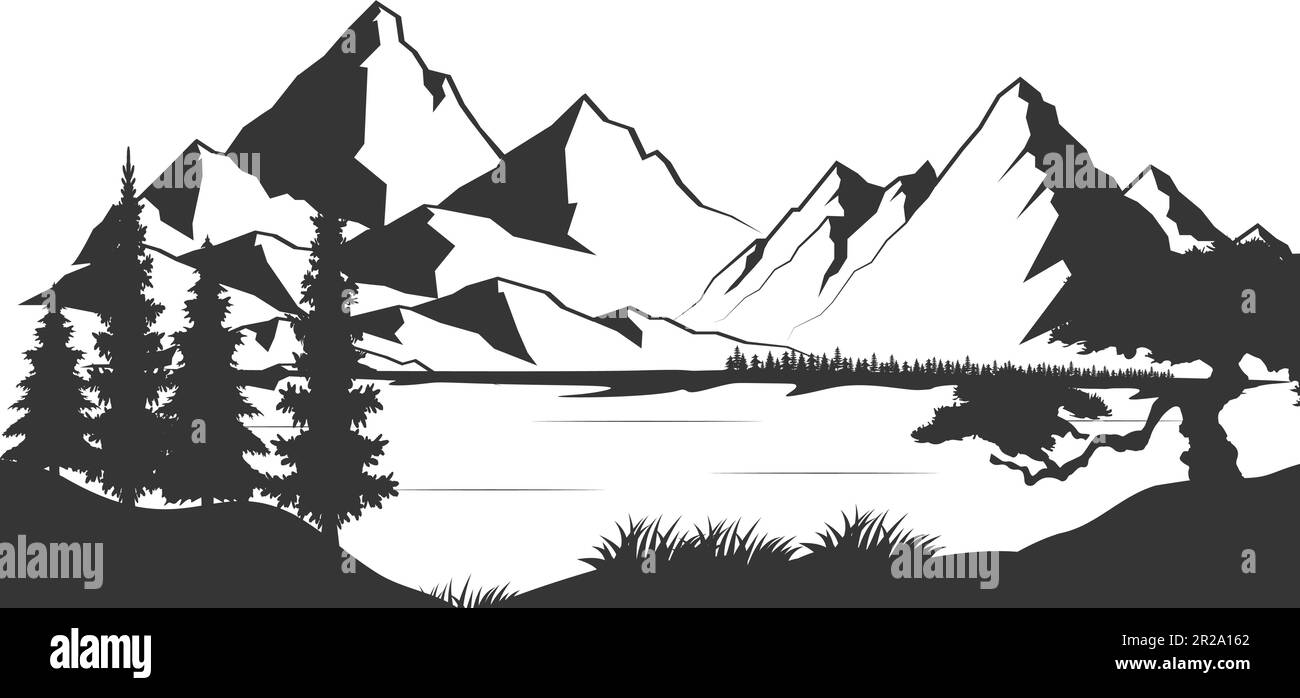 Black and white mountain with pine trees and lake. Mountain silhouette ...