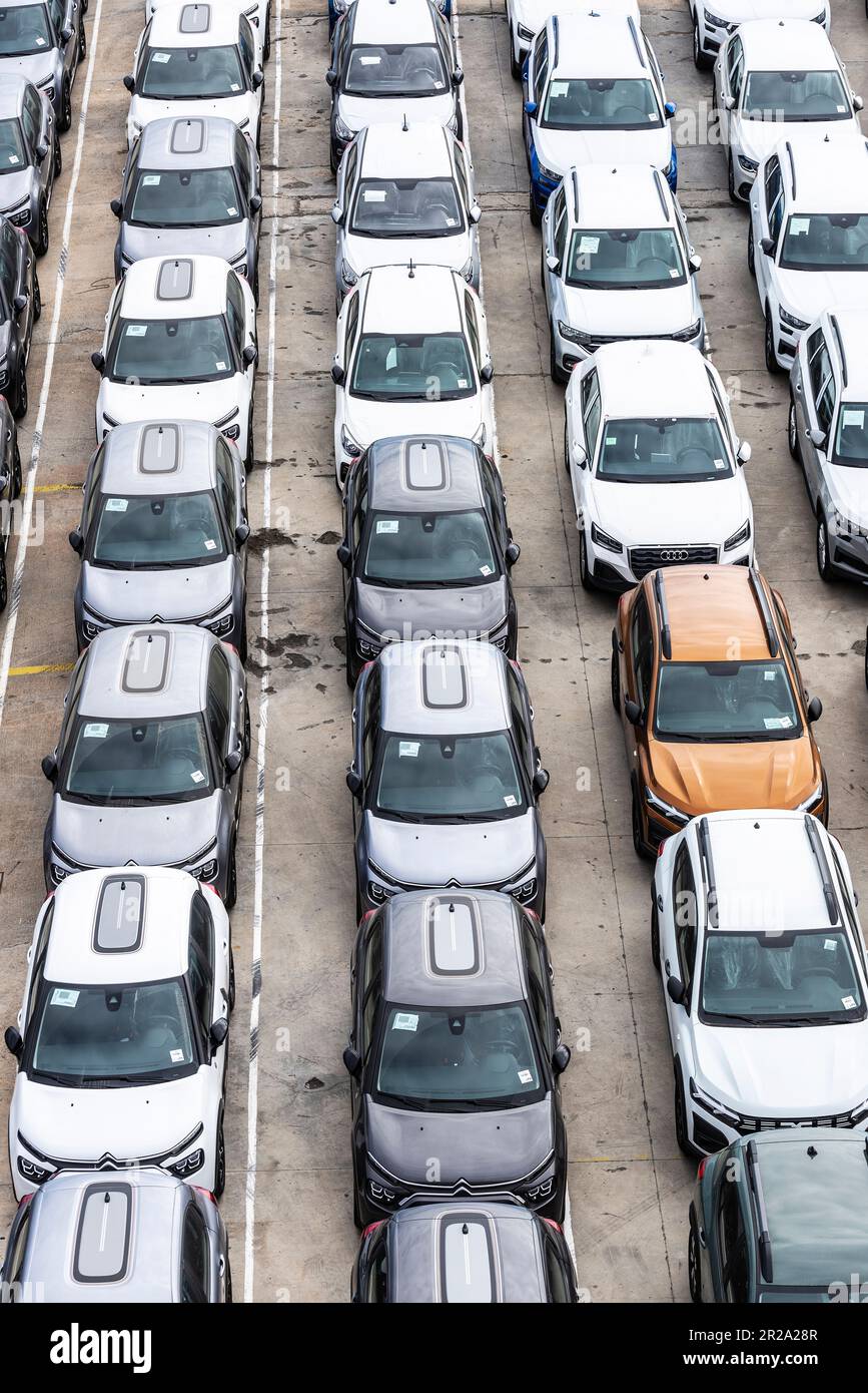 Barcelona, Spain - April 17, 2023: New cars parked in a row waiting to ...