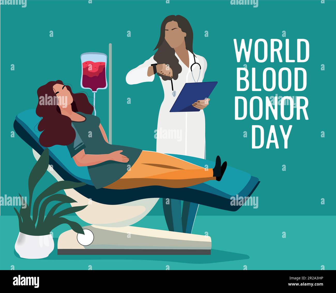 Day donation concept with bag of blood, hand and heart medical sign ...