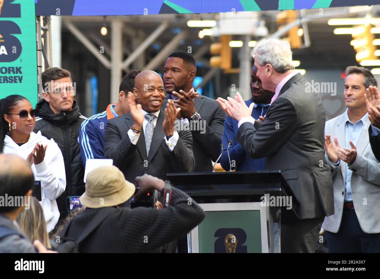 New York, USA. 18th May, 2023. New Jersey Governor Phil Murphy speaks at the FIFA World Cup 2026 ...