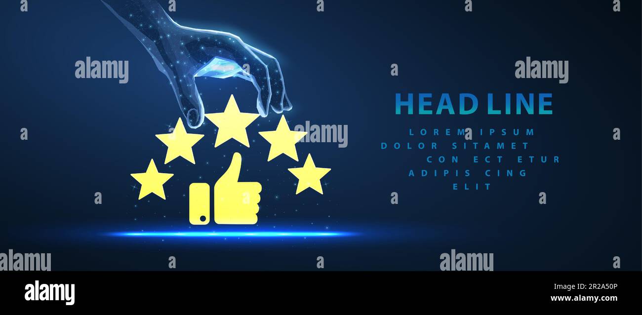 Customer review rating with five stars and thumb up. Reputation 5 stars ...