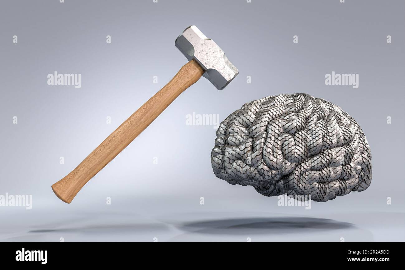 big hammer tries to hit an armoured brain. 3d render Stock Photo - Alamy