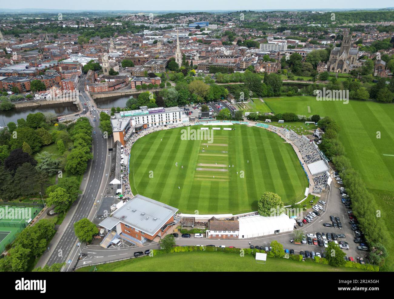 An aerial view of New Road, home of Worcestershire CCC, on day one of ...
