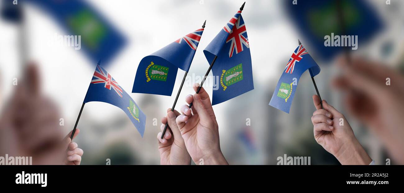 A group of people holding small flags of the British Virgin Islands in ...