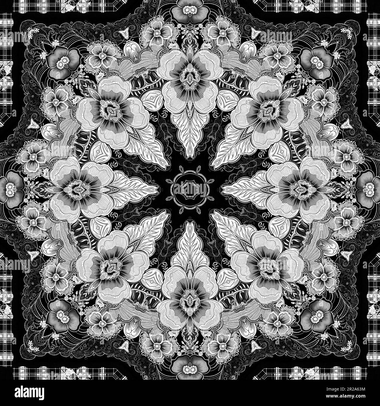 Intricate black and white lace folk flower pattern with an elegant ...