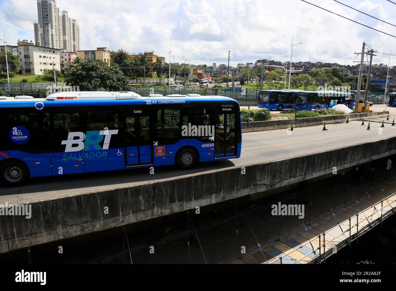 salvador, bahia, brazil - may 17, 2023: Buses of the BRT transport system are seen in a parking ...