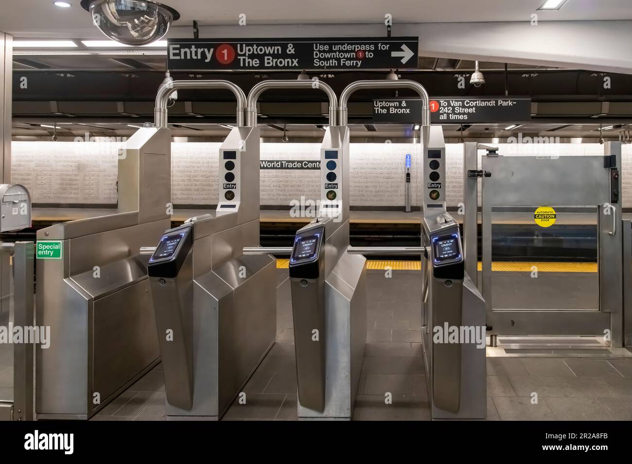New York City, NY, USA-August 2022; Close up view of the turnstiles in ...