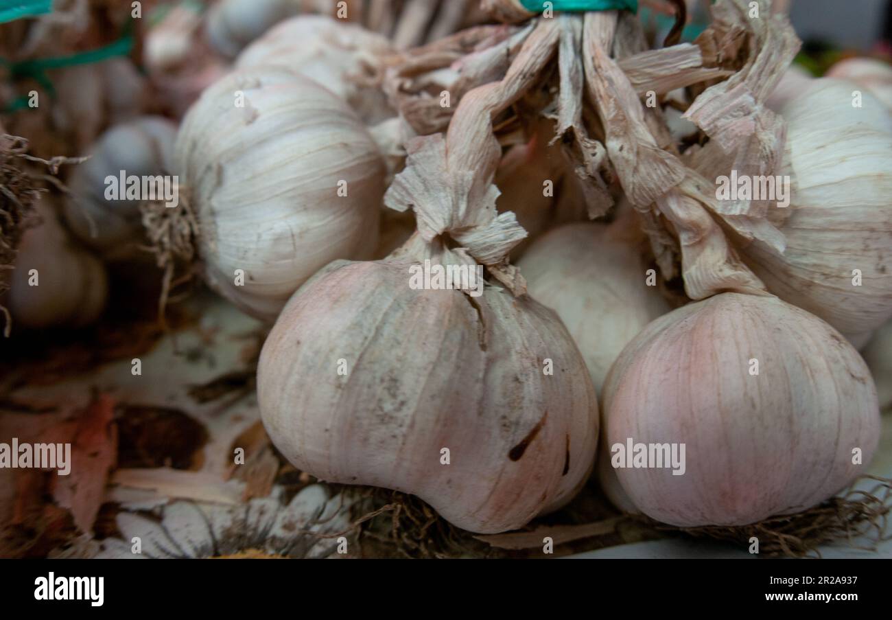 Close-up on a stack of garlic on a market stall Stock Photo - Alamy