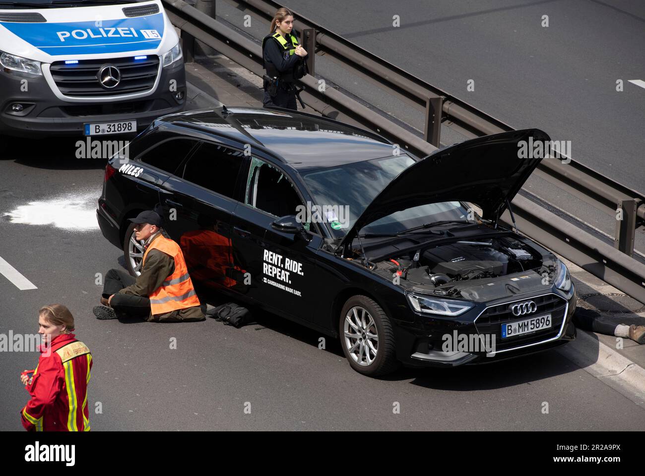 Berlin, Germany. 18th May, 2023. An activist from the group Letzte ...