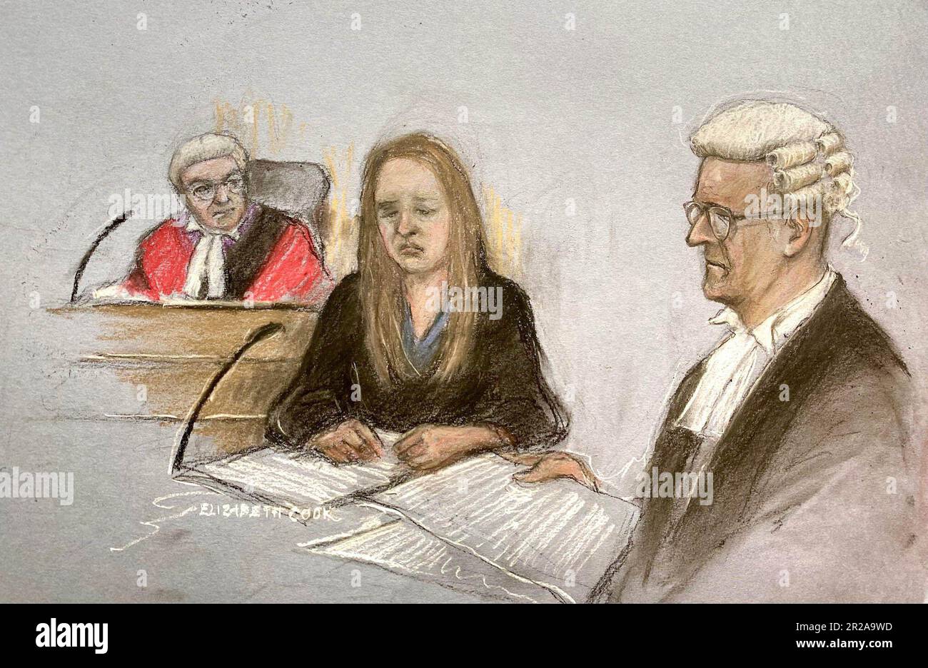 Court artist sketch by Elizabeth Cook of Lucy Letby looking upset when ...