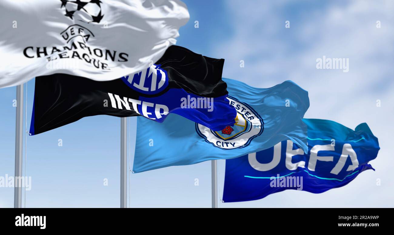 Istanbul, TR, May 2023: The flags of the Champions League, Inter Milan ...