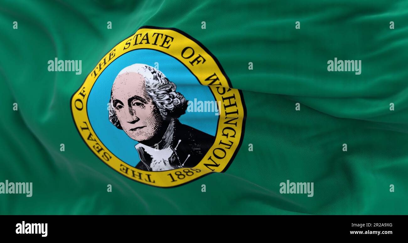 Close-up of the Washington state flag waving in the wind. Green field ...