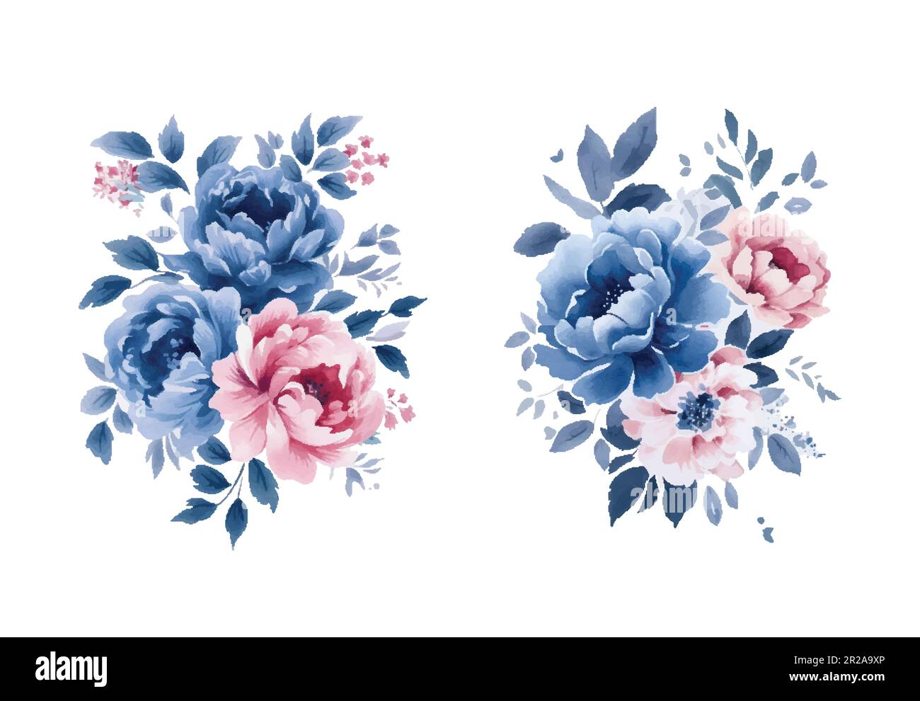 Watercolor navy blue and pink flowers set, vintage vector flowers ...
