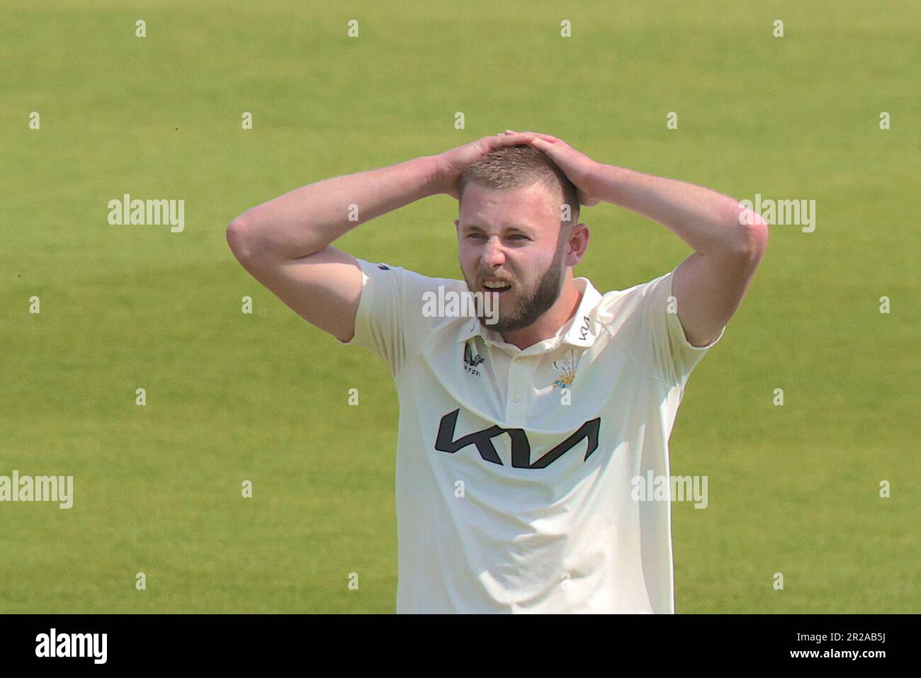 18 May , 2023, London, UK. Surrey’s Gus Atkinson can’t believe it as ...