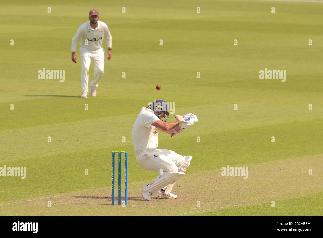 18 May , 2023, London, UK. Kent’s Wes Agar ducks a short one from Gus ...