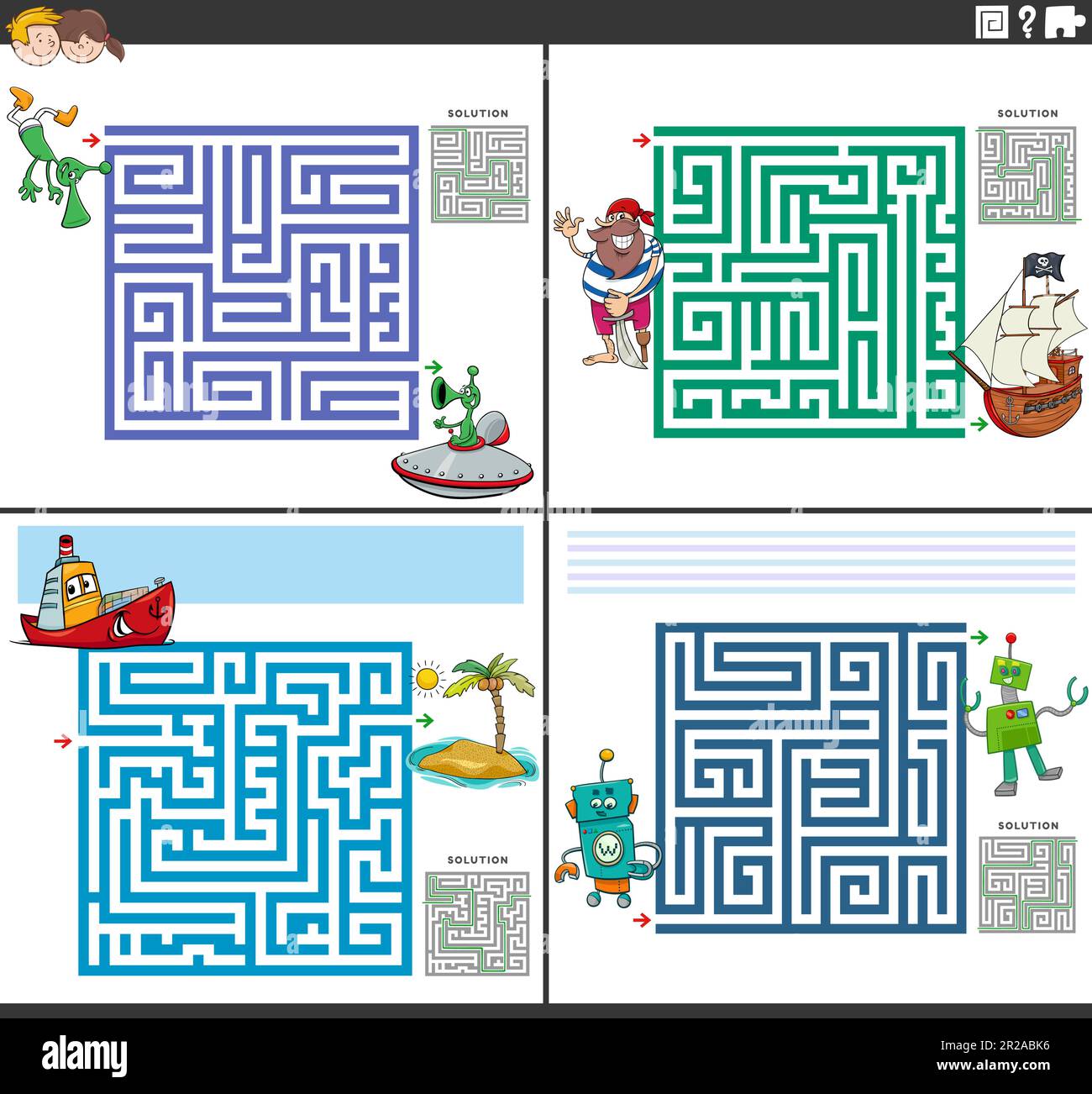Cartoon illustration of educational maze puzzle games set with funny ...
