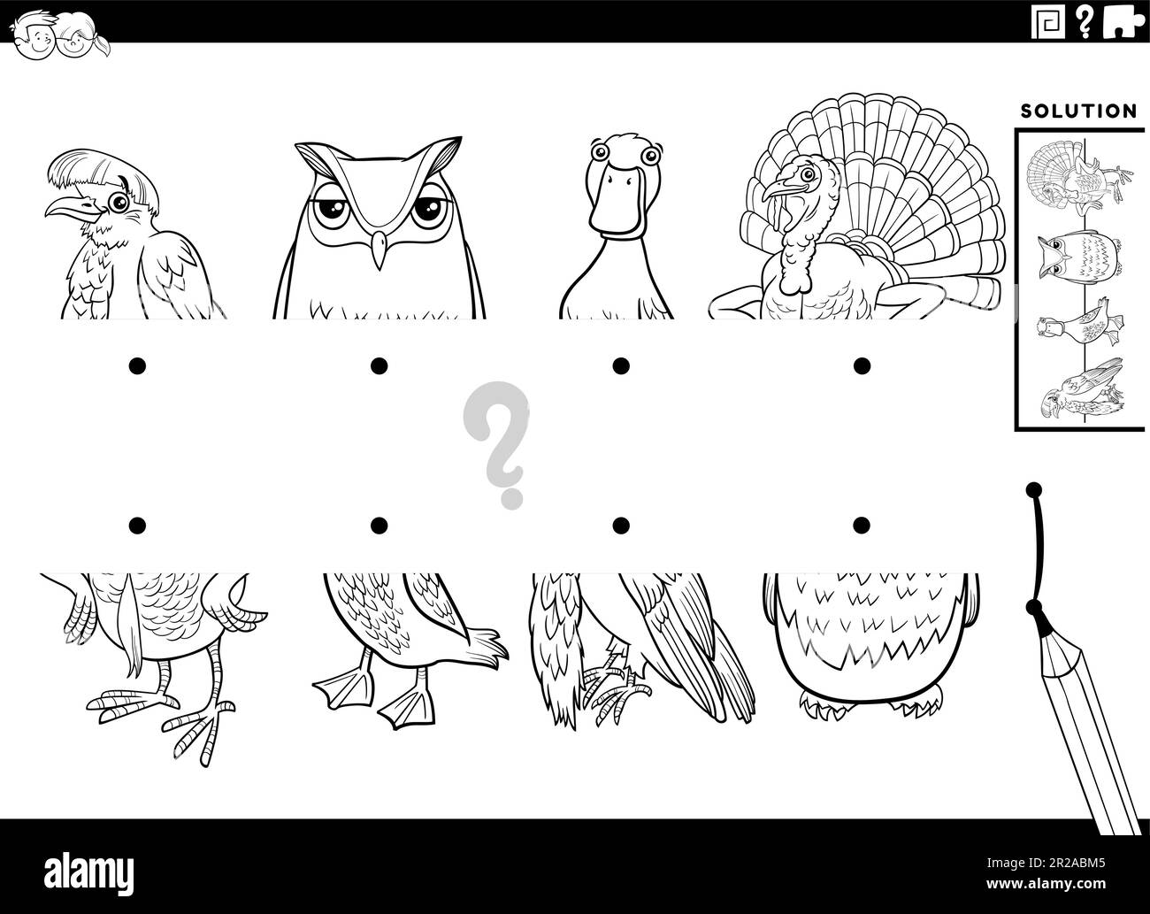 Black and white cartoon illustration of educational game of matching ...